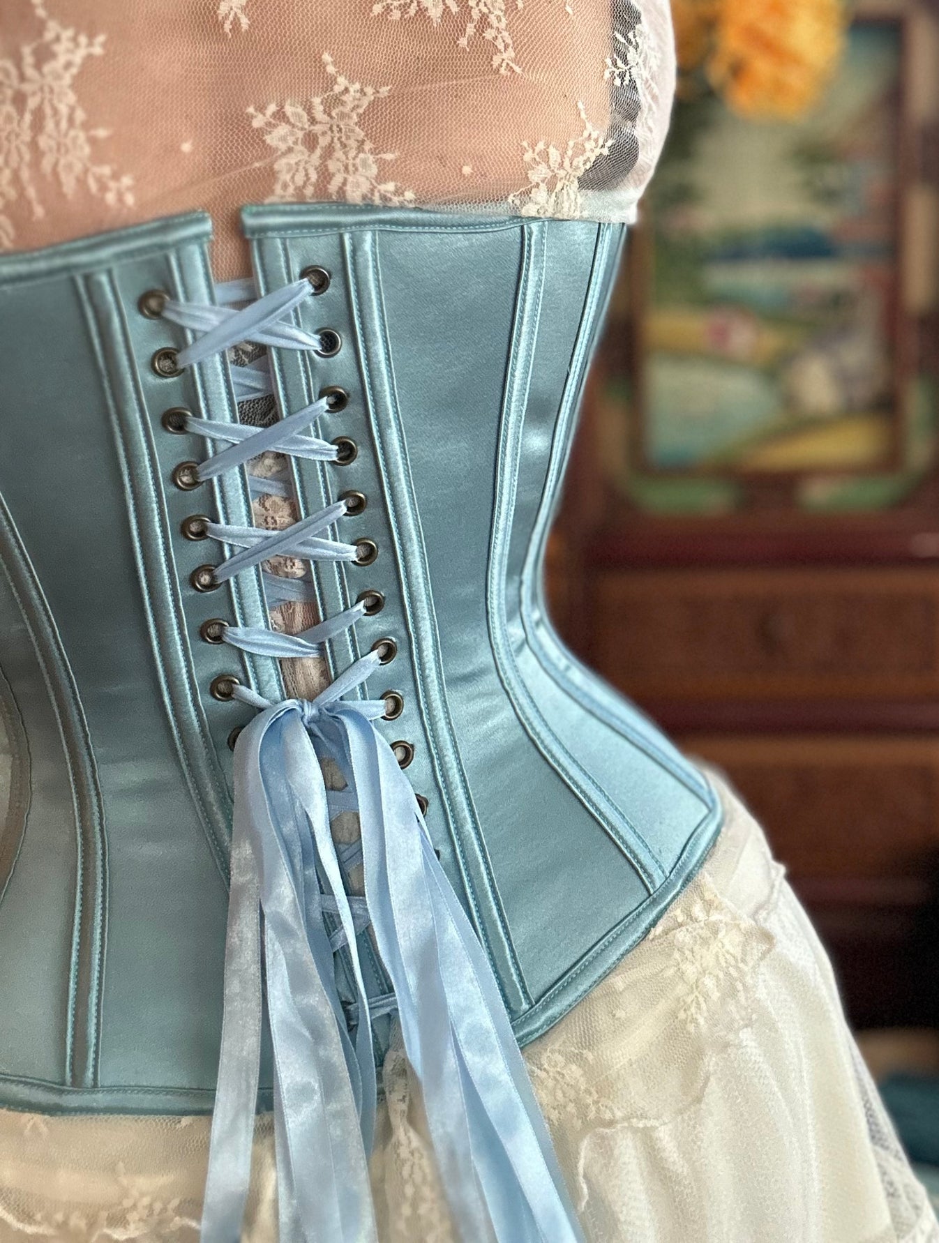 Sibelle Corset - Robin's Egg Blue Satin – Lace Embrace Atelier